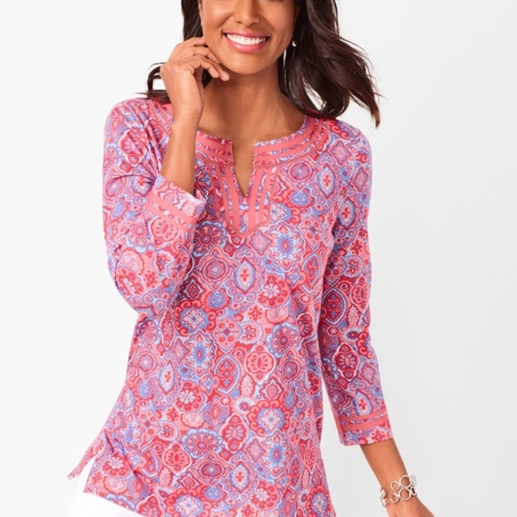 Talbots | Tops | Talbots Pink Medallion Vneck Tunic | Poshmark